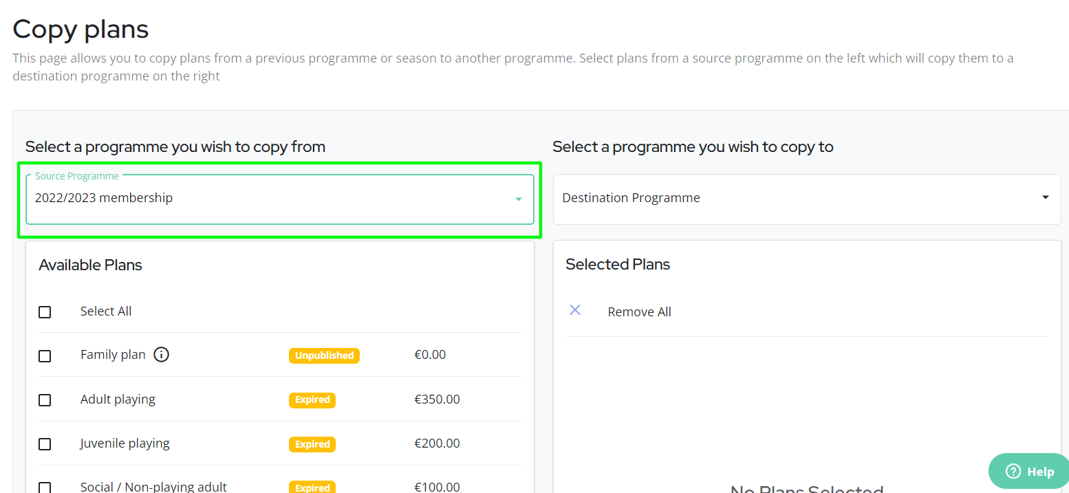 Copying Registration Plans to a Created Programme – Clubforce